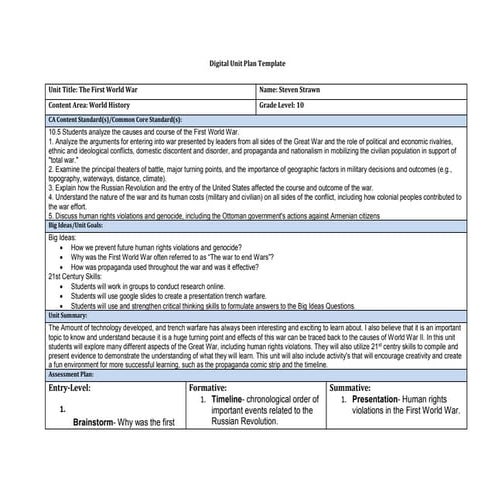Digital unit plan template ww1 | PPT