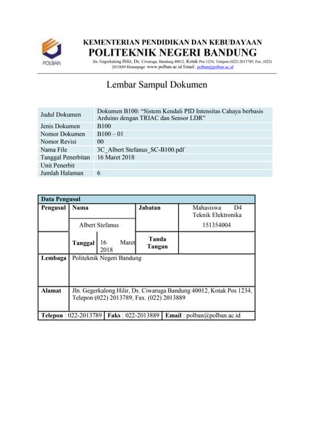 DOKUMEN B100: SISTEM KENDALI POSISI GORDEN DENGAN MENGGUNAKAN METODA PID | PDF