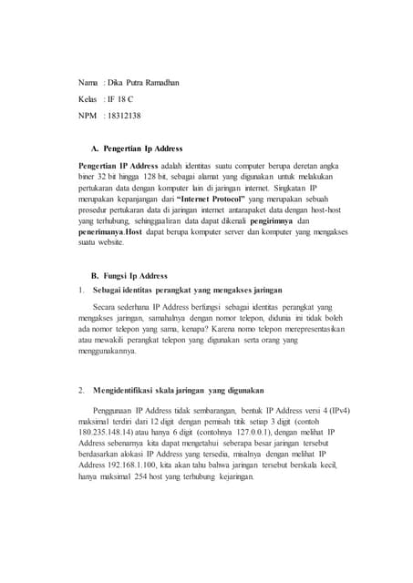 IP Address, Subnetting, Routing Makalah jarkom | PDF