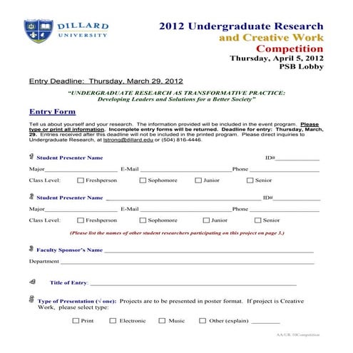 Dillard University 2012 Competition Entry Form Undergraduate Research ...