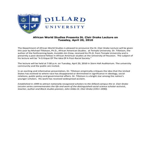 Dillard university african world studies presents st. clair drake ...
