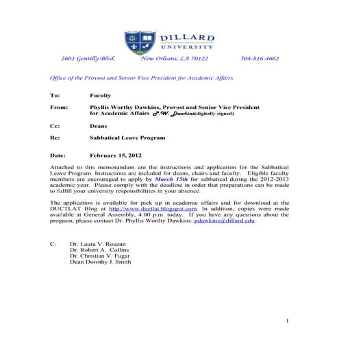 Dillard University CTLAT Sabbatical Application Feb15, 2012 | PDF