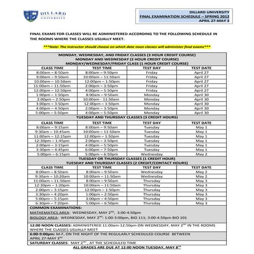 DILLARD UNIVERSITY FINAL EXAMS SCHEDULE SPRING 2012 | DOC