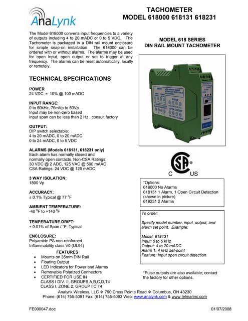 Tachometer transmitter for industrial process measurement and control ...