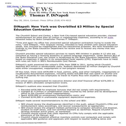 DiNapoli: New York was overbilled $3 million by special education ...