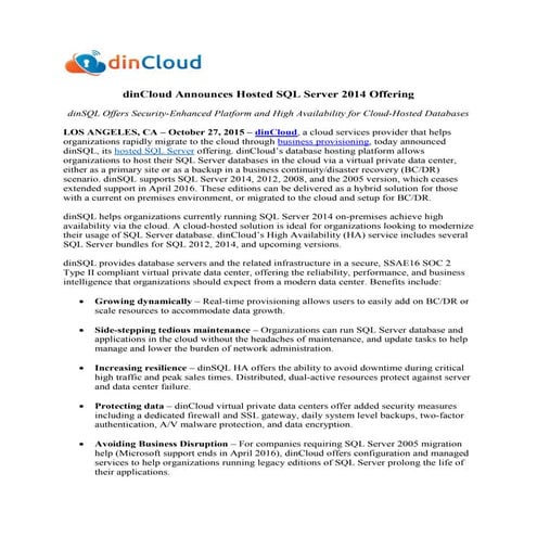 Din cloud launched hosted sql server dinsql | PDF