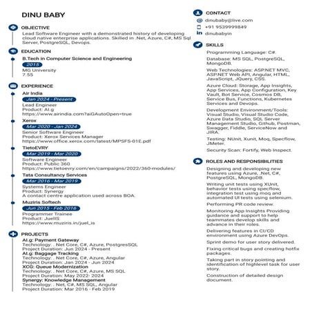 DinuBaby Lead Software Engineer .Net, Azure | PDF