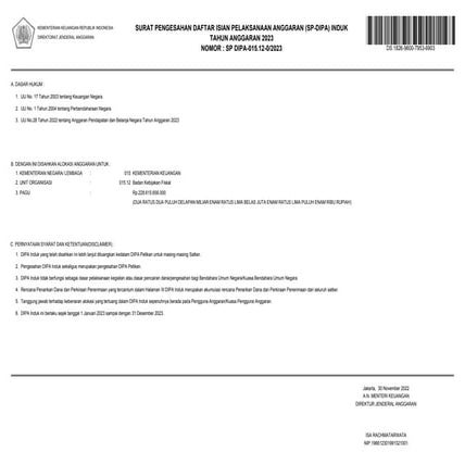 DIPA-Induk-BKF-2023 RI Tahun 2023 dan 2024 | PDF