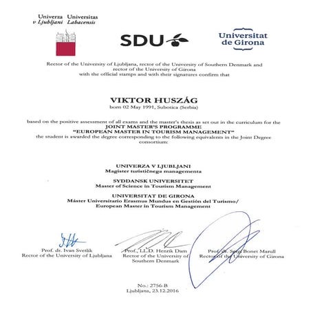Erasmus Mundus Master Diploma of European Master in Tourism Management ...