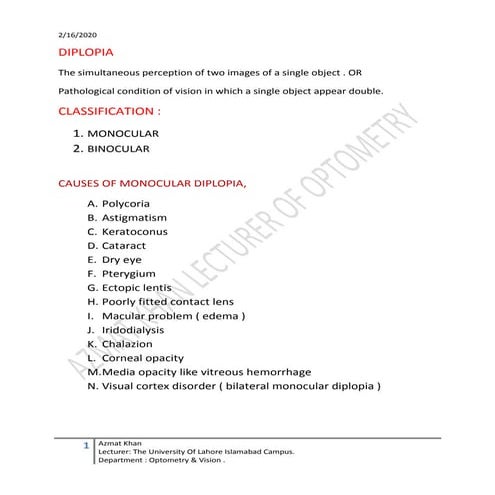 Diplopia , its types and causes | PDF