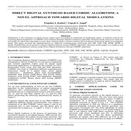 Direct Digital Synthesis Based Cordic Algorithm A Novel Approach Towards Digital Modulations Pdf