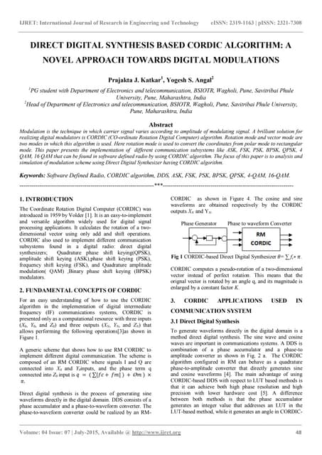 Direct Digital Synthesis Based Cordic Algorithm A Novel Approach Towards Digital Modulations Pdf