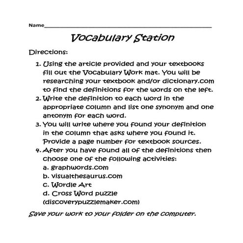 Directions for Vocabulary and Crossword Puzzle | DOCX