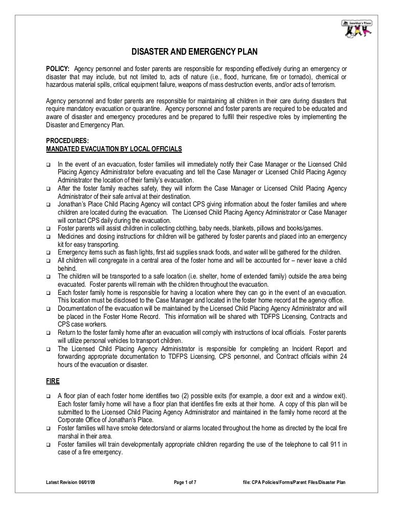 Disaster Emergency Plan Policy