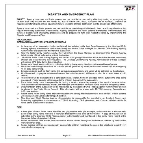 Disaster Emergency Plan Policy | DOC | Adoption and Fostering | Parenting