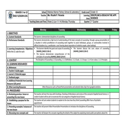 Comprehensive Daily Lesson Log on Counseling Discipline for Grade 12 ...