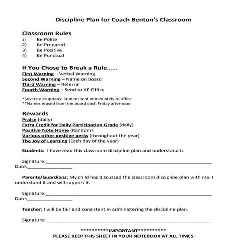 Discipline Plan For Classroom | DOC