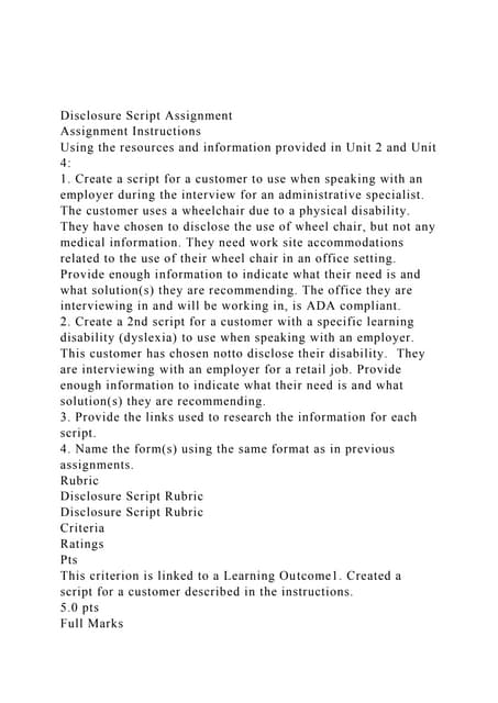 Disclosure Script AssignmentAssignment InstructionsUsing the.docx Disclosure Script AssignmentAssignment InstructionsUsing the.docx