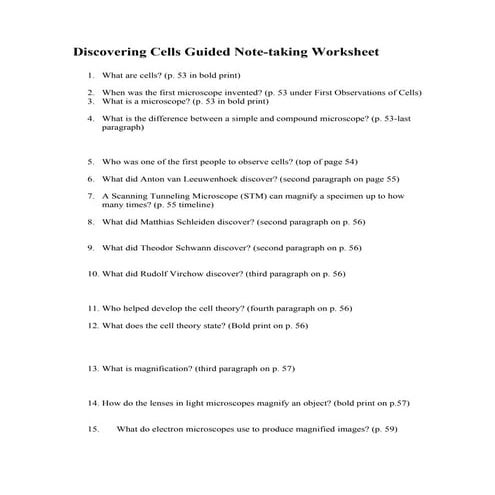 Discovering Cells Guided Note Taking Worksheet With Page Numbers | DOC