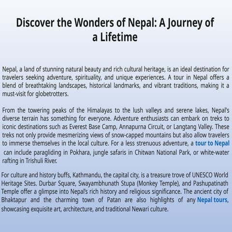 Experience the Journey of a Lifetime with a Tour to Nepal | PPTX