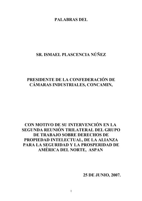 Discurso Del Sr Ismael Plascencia Nuñez Presidente De Concamin