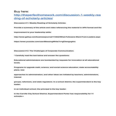 DISCUSSION # 1: WEEKLY READING OF SCHOLARLY ARTICLES. | PDF