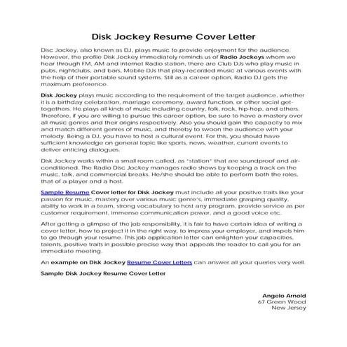 Disk Jockey Resume Cover Letter | PDF