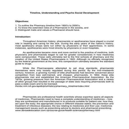 Dispensing Lab Timeline, Understanding And Psycho Social Development | PDF