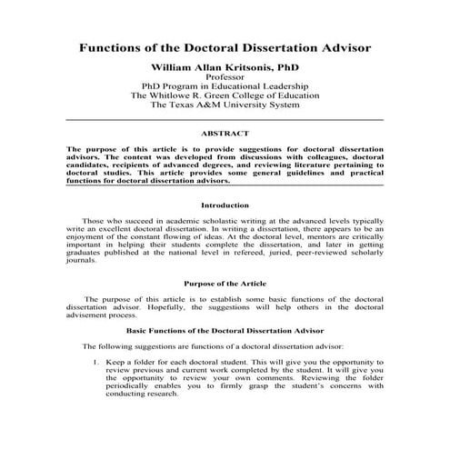 Functions of a Doctoral Dissertation Advisor by William Allan Kritsonis, PhD | DOC