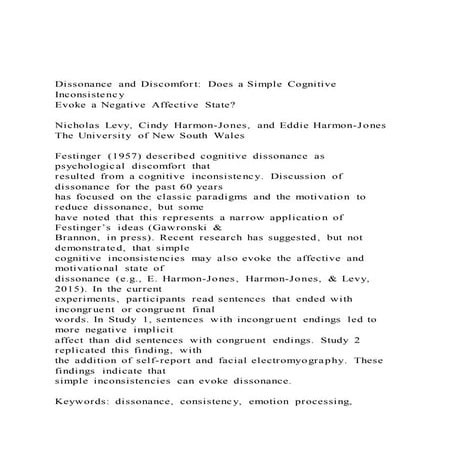 Dissonance and Discomfort Does a Simple Cognitive Inconsisten | DOCX