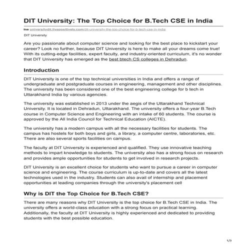 DIT University The Top Choice for BTech CSE in India.pdf
