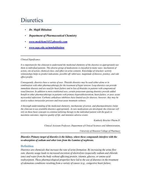 PRESENTATION ON DIURETIC AGENTS MEDICINAL CHEMISTRY | PDF | Chemistry ...