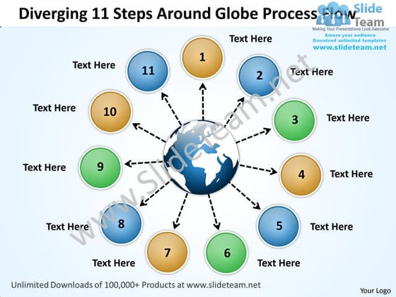 Arrow diverging 12 steps with globe flow chart arrows network software ...