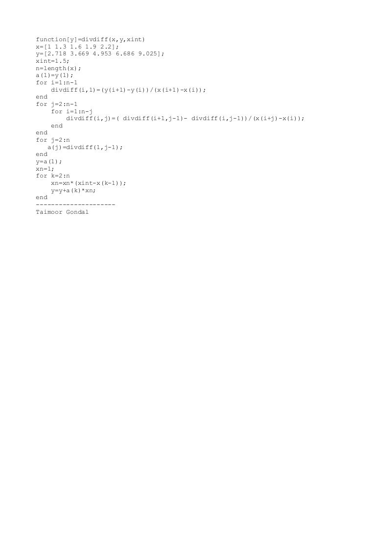 Divided difference Matlab code Divided difference Matlab code
