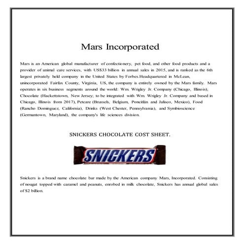 Snickers Cost Sheet (Hypothetical) | DOCX