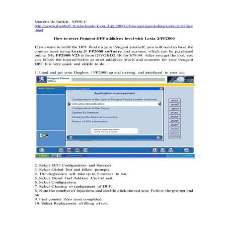 Diyobd2 how to reset peugeot dpf additives level with lexia 3 pp2000 | DOCX