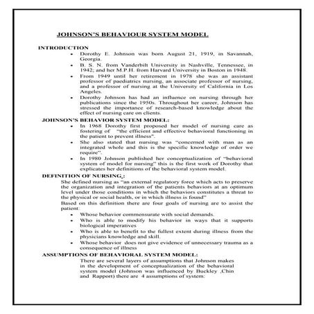 The Behavioral System Model - Dorothy.E.Johnson | PPTX