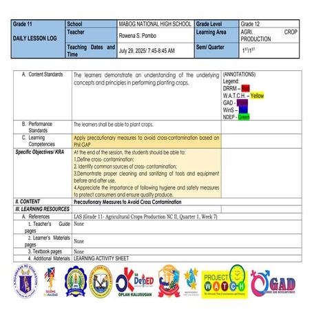 DLL- AGRI. CROPS PRODUCTION (Apply precautionary measures to avoid ...