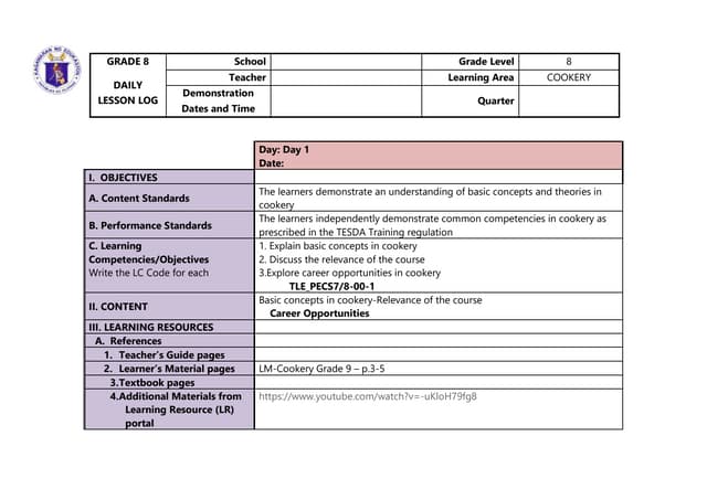DETAILED LESSON PLAN IN COOKERY 9 | DOCX