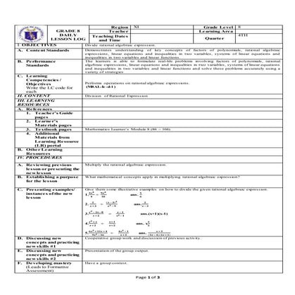 Lesson plan-advanced algebra Grade 7 | PDF