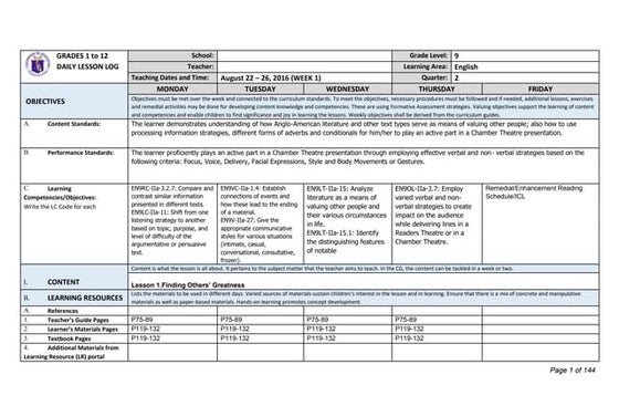 Daily Lesson Log English 10 Quarter 2 Lesson 1 | DOCX | Educational ...