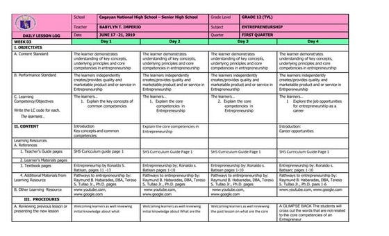 Sample Lesson Plan in Entrepreneurship | PDF | Business | Business and ...