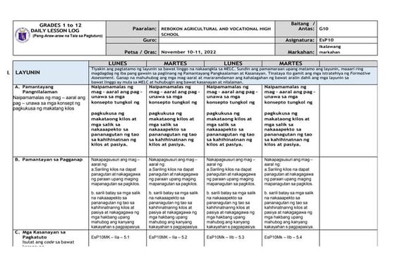 DLL EsP 10 2nd Quarter - Week 1 SY 23-24 | DOCX