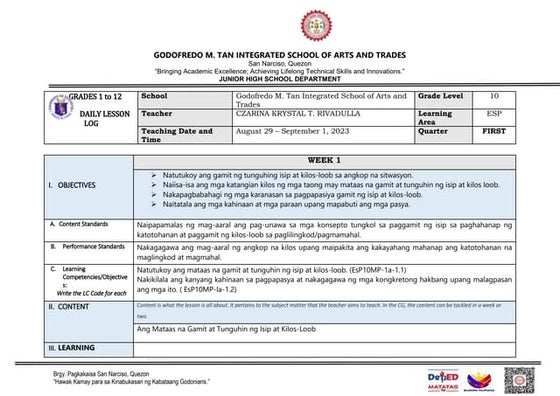 DLL EsP 10 2nd Quarter - Week 1 SY 23-24 | DOCX