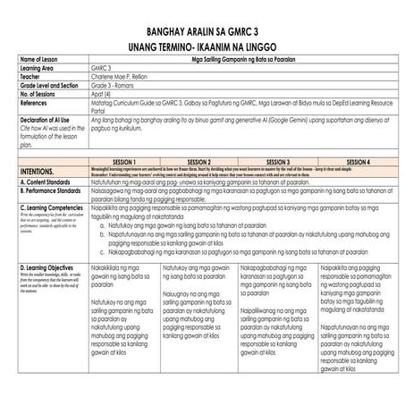 Mga Sariling Gampanin ng Bata sa Paaralan: GMRC Grade 3 Lesson Plan | DOCX