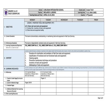 DLL - Grades 7 week 3.doc....................... | PPT | Free Download