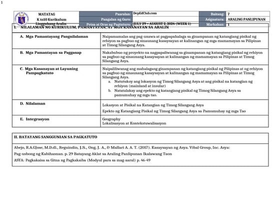 MATATAG LESSON PLAN IN ARALING PANLIPUNAN 7 | DOCX
