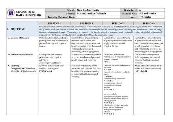 First quarter Personal Development daily lesson log for senior high ...