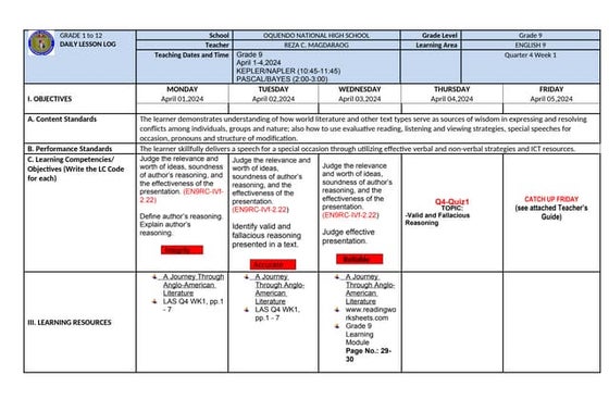 Daily Lesson Log English 10 Quarter 2 Lesson 1 | DOCX | Educational ...