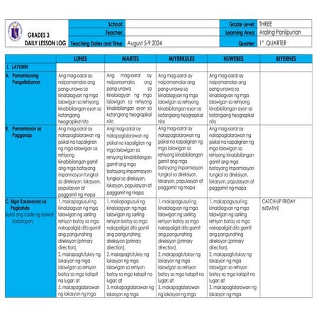 Grade Three Daily Lesson Log Quarter 1 Week 1 | DOCX